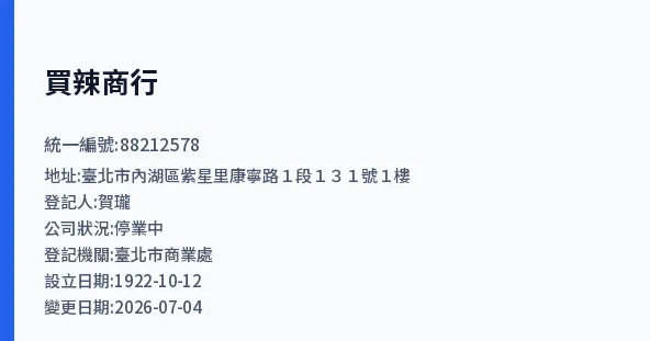 買辣商行的照片-統編 88212578(臺北市) 公司登記資料與營業項目詳細圖表
