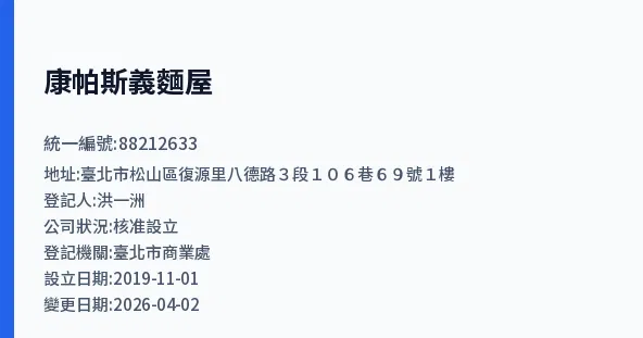 康帕斯義麵屋的照片-統編 88212633(臺北市) 公司登記資料與營業項目詳細圖表
