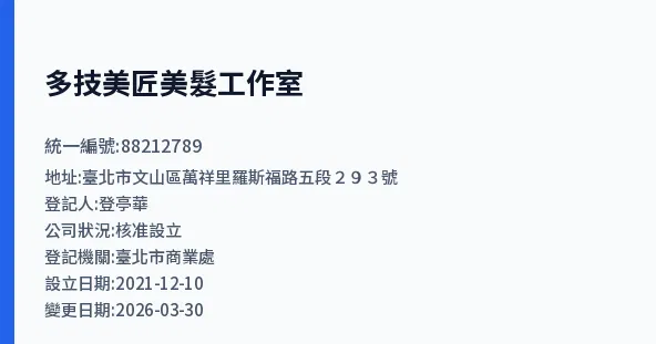多技美匠美髮工作室的照片-統編 88212789(臺北市) 公司登記資料與營業項目詳細圖表