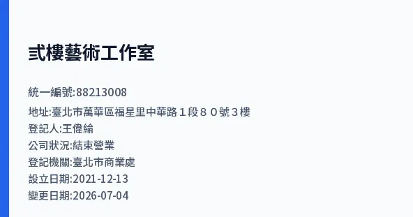 弎樓藝術工作室的照片-統編 88213008(臺北市) 公司登記資料與營業項目詳細圖表