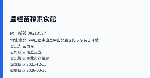 豐糧苗稼素食館的照片-統編 88213577(臺北市) 公司登記資料與營業項目詳細圖表