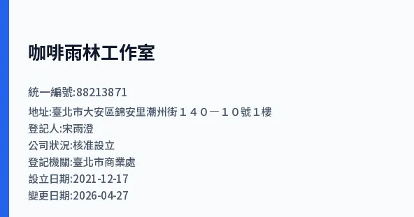 咖啡雨林工作室的照片-統編 88213871(臺北市) 公司登記資料與營業項目詳細圖表