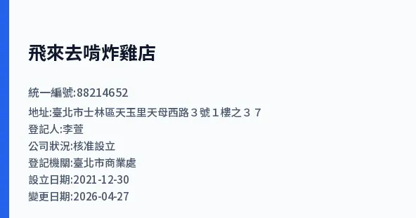 飛來去啃炸雞店的照片-統編 88214652(臺北市) 公司登記資料與營業項目詳細圖表
