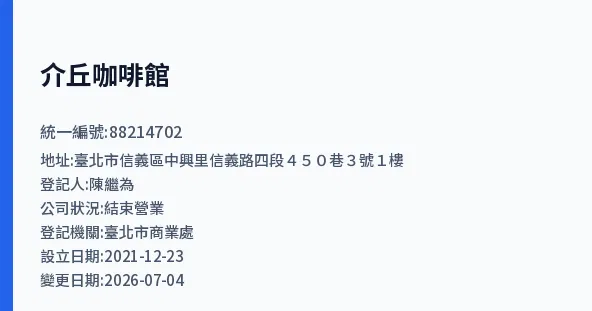 介丘咖啡館的照片-統編 88214702(臺北市) 公司登記資料與營業項目詳細圖表