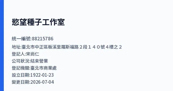 慾望種子工作室的照片-統編 88215786(臺北市) 公司登記資料與營業項目詳細圖表
