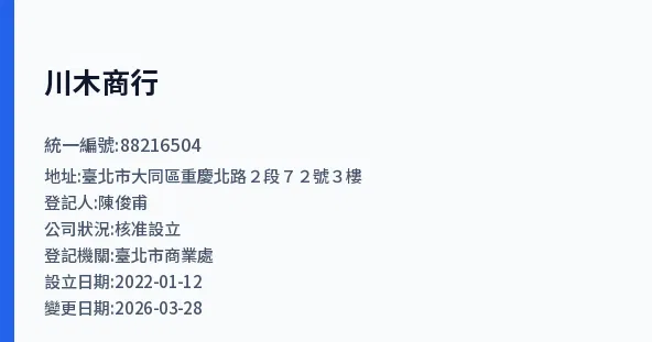 川木商行的照片-統編 88216504(臺北市) 公司登記資料與營業項目詳細圖表