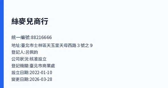 絲麥兒商行的照片-統編 88216666(臺北市) 公司登記資料與營業項目詳細圖表