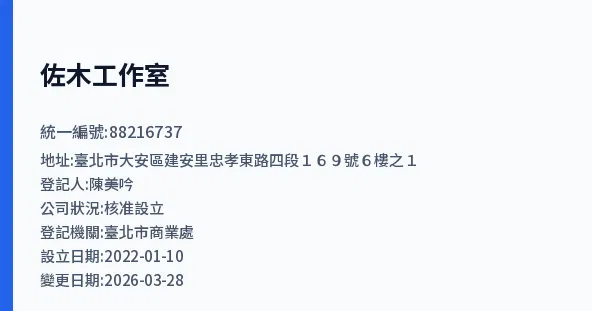 佐木工作室的照片-統編 88216737(臺北市) 公司登記資料與營業項目詳細圖表