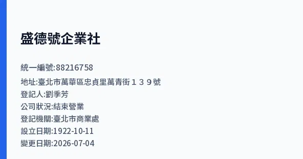 盛德號企業社的照片-統編 88216758(臺北市) 公司登記資料與營業項目詳細圖表
