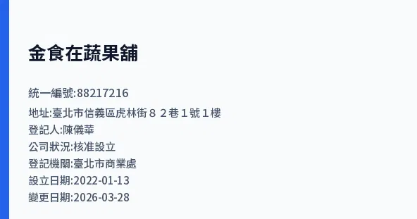 金食在蔬果舖的照片-統編 88217216(臺北市) 公司登記資料與營業項目詳細圖表