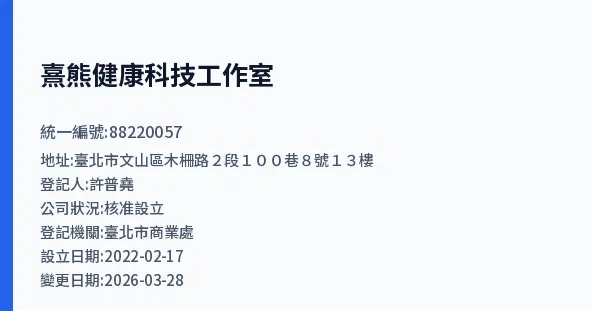 熹熊健康科技工作室的照片-統編 88220057(臺北市) 公司登記資料與營業項目詳細圖表