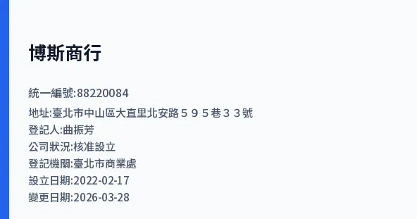 博斯商行的照片-統編 88220084(臺北市) 公司登記資料與營業項目詳細圖表