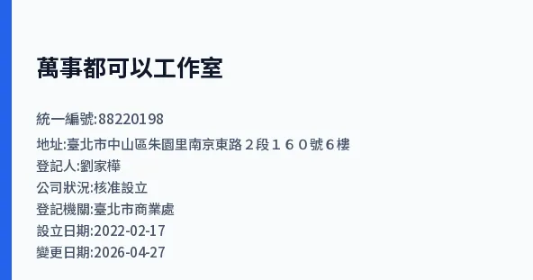 萬事都可以工作室的照片-統編 88220198(臺北市) 公司登記資料與營業項目詳細圖表