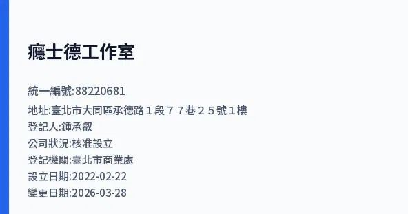癮士德工作室的照片-統編 88220681(臺北市) 公司登記資料與營業項目詳細圖表