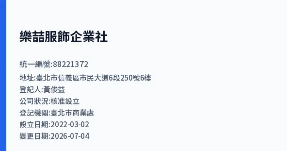 樂喆服飾企業社的照片-統編 88221372(臺北市) 公司登記資料與營業項目詳細圖表