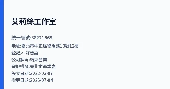 艾莉絲工作室的照片-統編 88221669(臺北市) 公司登記資料與營業項目詳細圖表