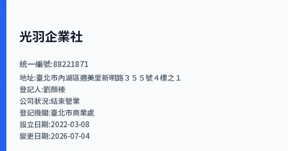 光羽企業社的照片-統編 88221871(臺北市) 公司登記資料與營業項目詳細圖表