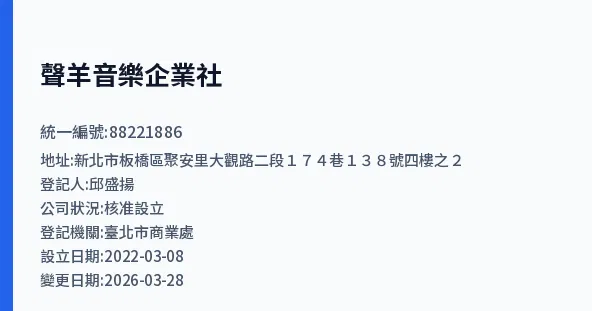 聲羊音樂企業社的照片-統編 88221886(新北市) 公司登記資料與營業項目詳細圖表