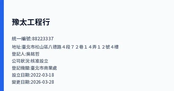 豫太工程行的照片-統編 88223337(臺北市) 公司登記資料與營業項目詳細圖表