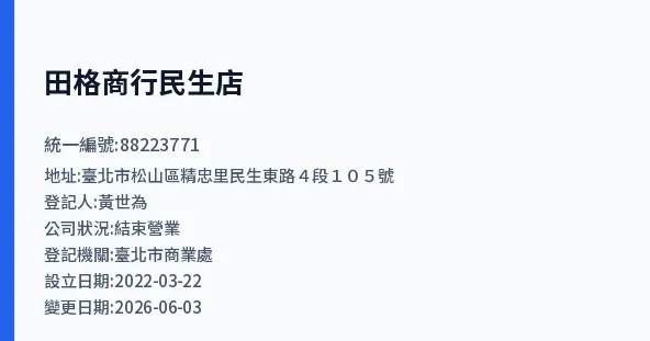 田格商行民生店的照片-統編 88223771(臺北市) 公司登記資料與營業項目詳細圖表