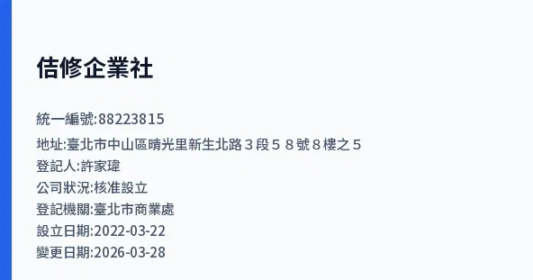 佶修企業社的照片-統編 88223815(臺北市) 公司登記資料與營業項目詳細圖表