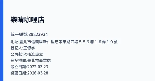 樂晴咖哩店的照片-統編 88223934(臺北市) 公司登記資料與營業項目詳細圖表