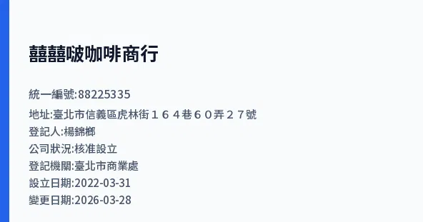 囍囍啵咖啡商行的照片-統編 88225335(臺北市) 公司登記資料與營業項目詳細圖表