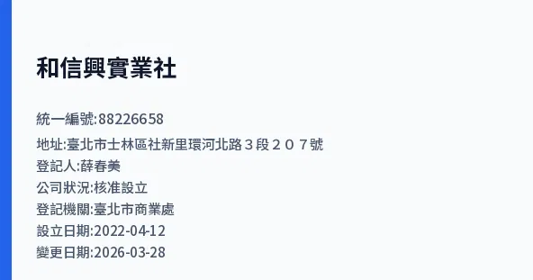 和信興實業社的照片-統編 88226658(臺北市) 公司登記資料與營業項目詳細圖表