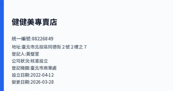 健健美專賣店的照片-統編 88226849(臺北市) 公司登記資料與營業項目詳細圖表