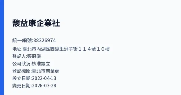 馥益康企業社的照片-統編 88226974(臺北市) 公司登記資料與營業項目詳細圖表