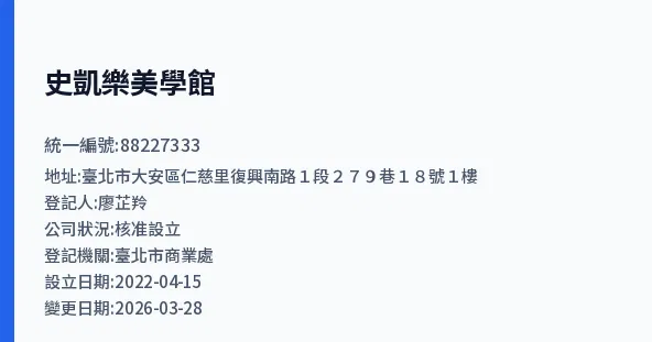 史凱樂美學館的照片-統編 88227333(臺北市) 公司登記資料與營業項目詳細圖表
