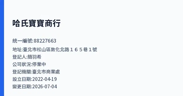 哈氏寶寶商行的照片-統編 88227663(臺北市) 公司登記資料與營業項目詳細圖表