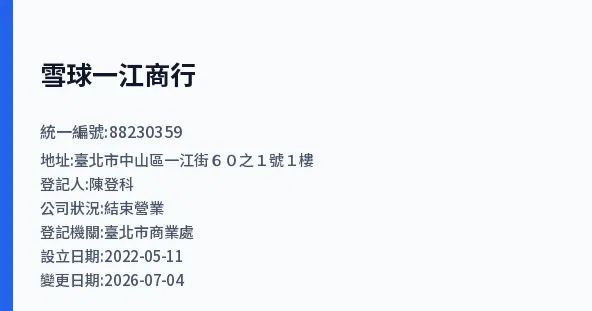 雪球一江商行的照片-統編 88230359(臺北市) 公司登記資料與營業項目詳細圖表