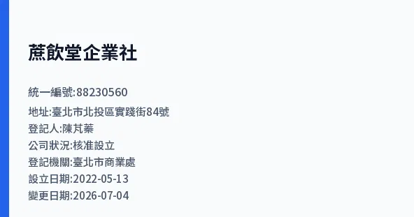 蔗飲堂企業社的照片-統編 88230560(臺北市) 公司登記資料與營業項目詳細圖表