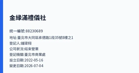 金緣滿禮儀社的照片-統編 88230689(臺北市) 公司登記資料與營業項目詳細圖表