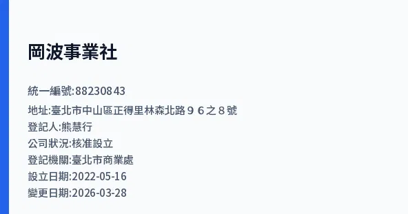 岡波事業社的照片-統編 88230843(臺北市) 公司登記資料與營業項目詳細圖表