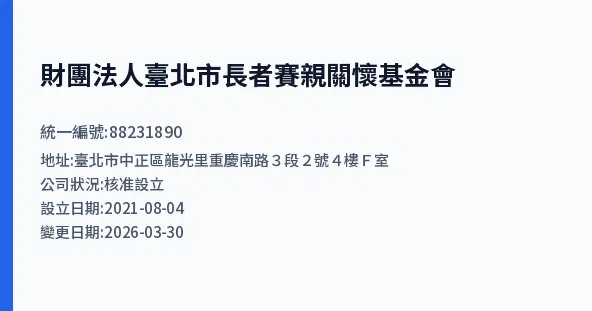 財團法人臺北市長者賽親關懷基金會的照片-統編 88231890(臺北市) 公司登記資料與營業項目詳細圖表