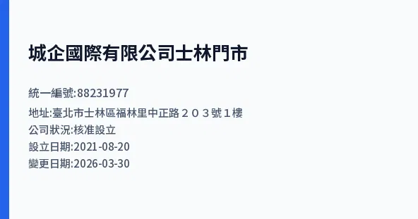 城企國際有限公司士林門市的照片-統編 88231977(臺北市) 公司登記資料與營業項目詳細圖表