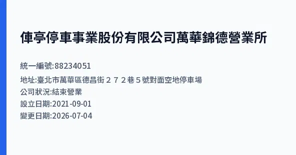 俥亭停車事業股份有限公司萬華錦德營業所的照片-統編 88234051(臺北市) 公司登記資料與營業項目詳細圖表