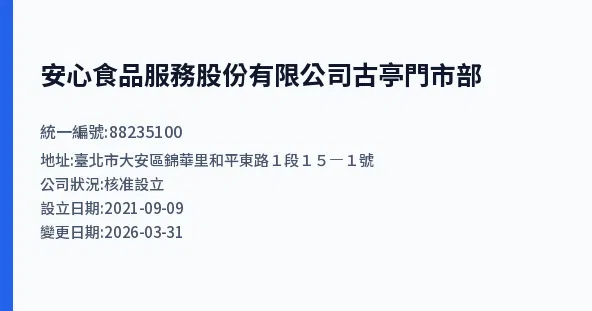 安心食品服務股份有限公司古亭門市部的照片-統編 88235100(臺北市) 公司登記資料與營業項目詳細圖表