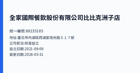 全家國際餐飲股份有限公司比比克洲子店的照片-統編 88235185(臺北市) 公司登記資料與營業項目詳細圖表