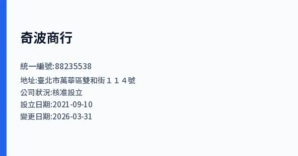 奇波商行的照片-統編 88235538(臺北市) 公司登記資料與營業項目詳細圖表