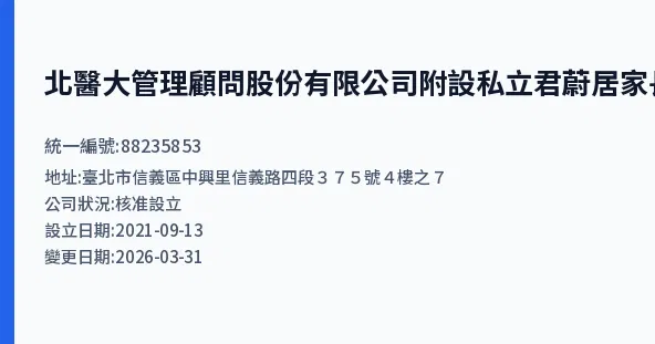 北醫大管理顧問股份有限公司附設私立君蔚居家長照機構的照片-統編 88235853(臺北市) 公司登記資料與營業項目詳細圖表