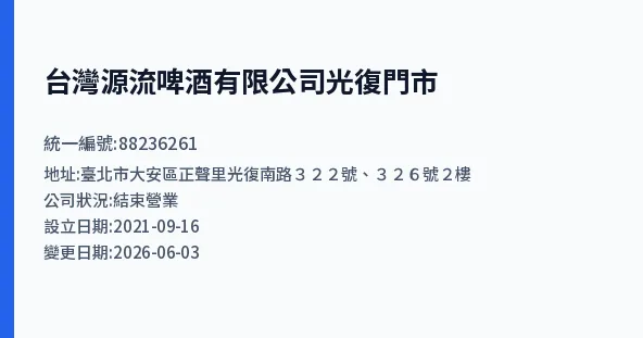 台灣源流啤酒有限公司光復門市的照片-統編 88236261(臺北市) 公司登記資料與營業項目詳細圖表