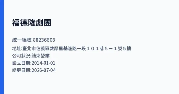 福德隆劇團的照片-統編 88236608(臺北市) 公司登記資料與營業項目詳細圖表