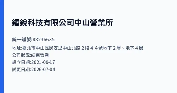 鐳銳科技有限公司中山營業所的照片-統編 88236635(臺北市) 公司登記資料與營業項目詳細圖表