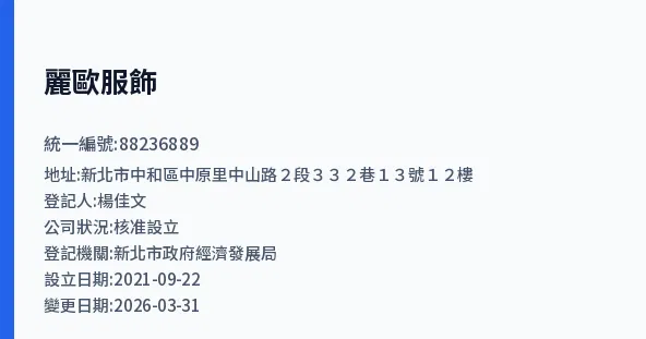 麗歐服飾的照片-統編 88236889(新北市) 公司登記資料與營業項目詳細圖表