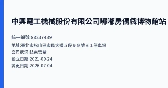 中興電工機械股份有限公司嘟嘟房偶戲博物館站的照片-統編 88237439(臺北市) 公司登記資料與營業項目詳細圖表