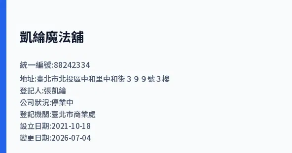 凱綸魔法舖的照片-統編 88242334(臺北市) 公司登記資料與營業項目詳細圖表