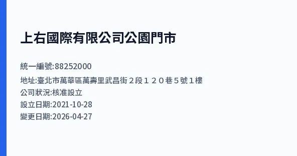 上右國際有限公司公園門市的照片-統編 88252000(臺北市) 公司登記資料與營業項目詳細圖表